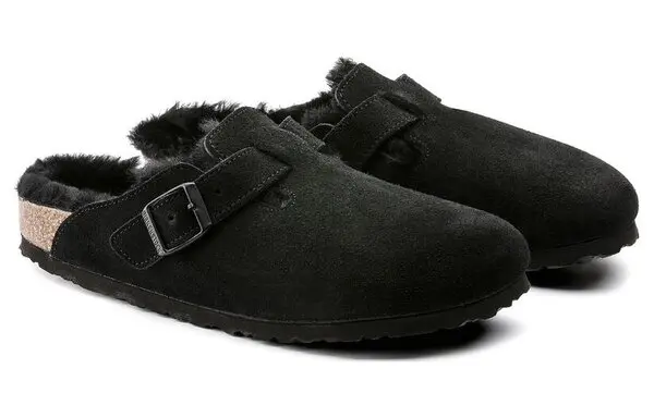 BIRKENSTOCK Boston Suede Leather Clogs With Fur Lining - Black