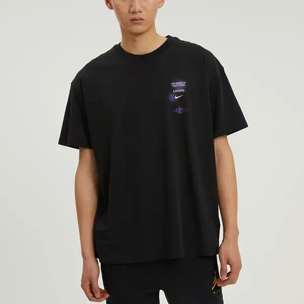Nike X Nba Crossover Los Angeles Lakers Courtside Pattern Printing Round Neck Short Sleeve Black