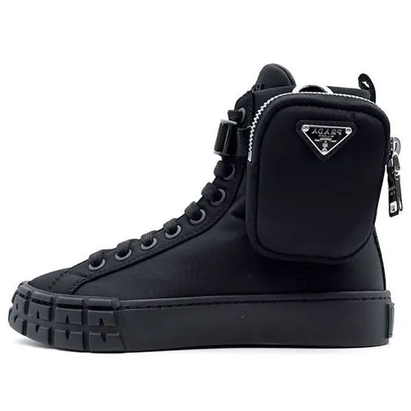 Prada Wheel Re-nylon Hight Sneakers With Detachable Pouch - Black/silver