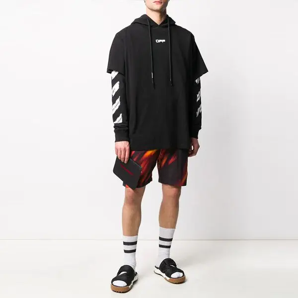Off-White Long Sleeve Layered Hoodie With Printed Detail