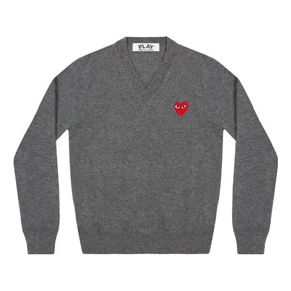 Play Comme Des Garcon V-neck Long Sleeve T-shirt With Red Emblem - Grey