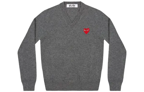 Play Comme Des Garcon V-neck Long Sleeve T-shirt With Red Emblem - Grey