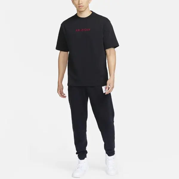 JORDAN Casual Solid Color Printing Round Neck Pullover Short Sleeve Black - Default Color