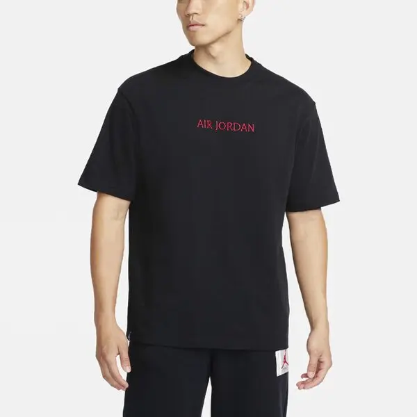 JORDAN Casual Solid Color Printing Round Neck Pullover Short Sleeve Black - Default Color