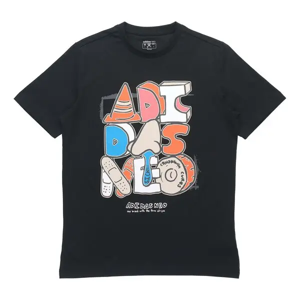 Adidas Neo Ssfv5 Tee1 Funny Cartoon Printing Logo Sports Round Neck Short Sleeve - Black