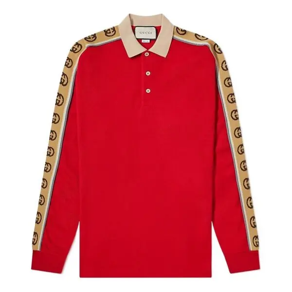 Gucci Long Sleeve Polo With Interlocking G Stripe - Red
