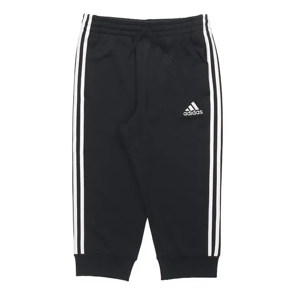 Adidas 3s Ft Tc 34pt Logo Embroidered Stripe Knit Bundle Feet Cropped Pants - Black