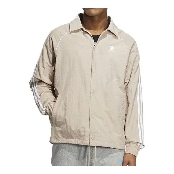Adidas Basketball Jacket With Classic Collar And Striped Sleeves - Beige