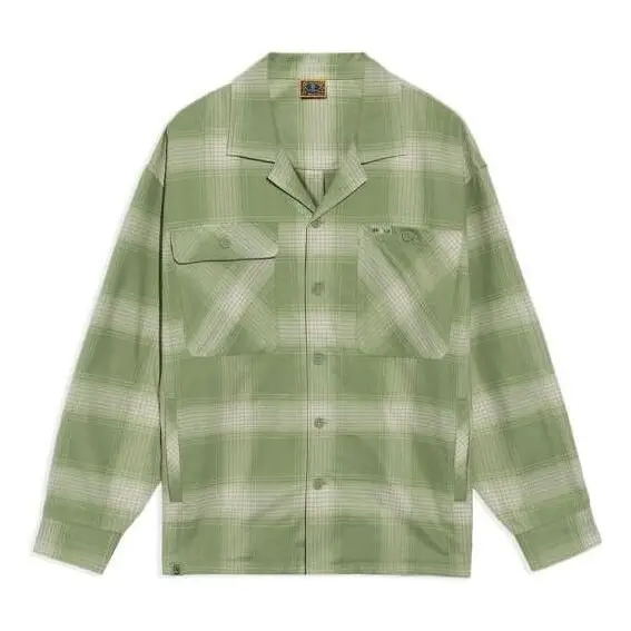 LI-NING Badfive Plaid Loose Casual Long Sleeve Shirt - Green/white