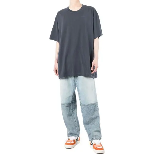 Off-White Stripe Printing Short Sleeve Loose Fit Navy Blue T-shirt - Multi-color