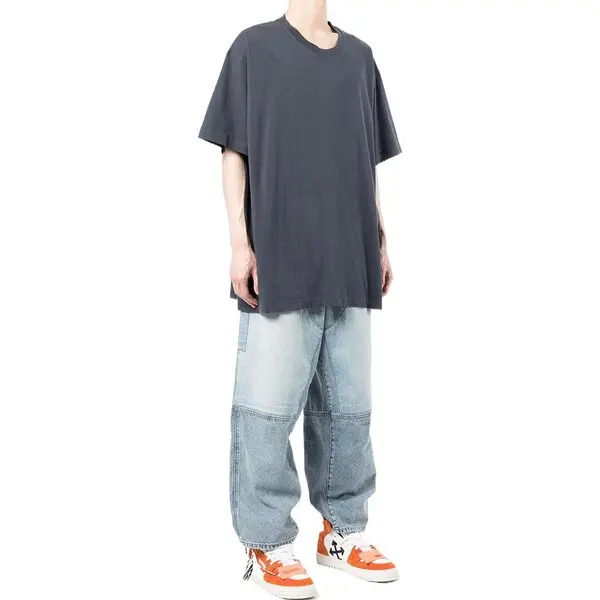 Off-White Stripe Printing Short Sleeve Loose Fit Navy Blue T-shirt - Multi-color