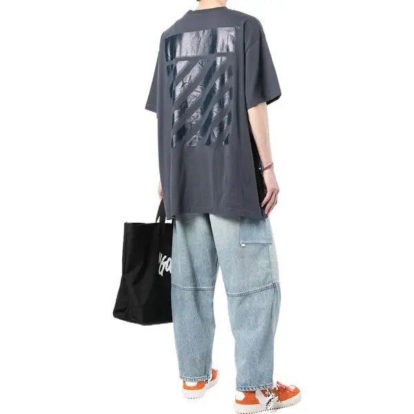 Off-White Stripe Printing Short Sleeve Loose Fit Navy Blue T-shirt - Multi-color