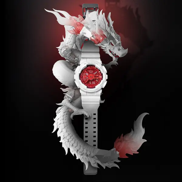 Casio G-shock Analog-digital Watch With Dragon Display Stand - White