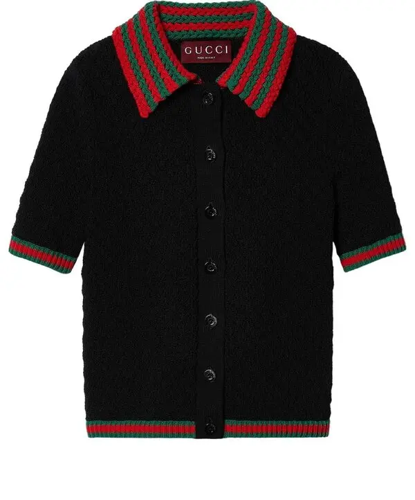 Gucci Cotton Lace Knit Polo With Web Detail - Black