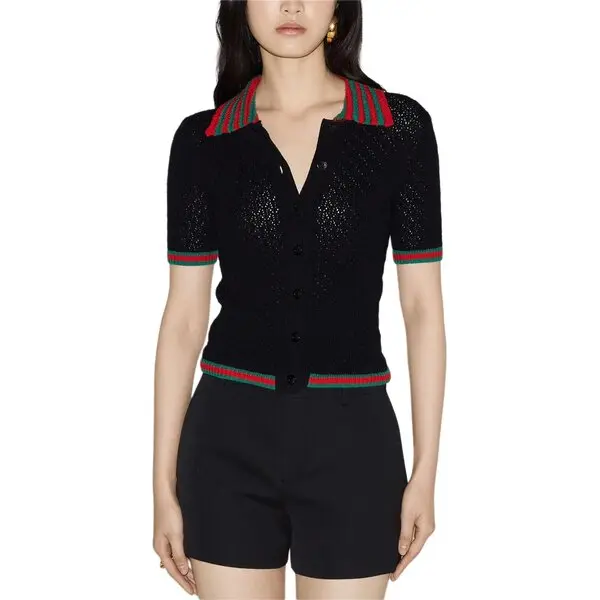 Gucci Cotton Lace Knit Polo With Web Detail