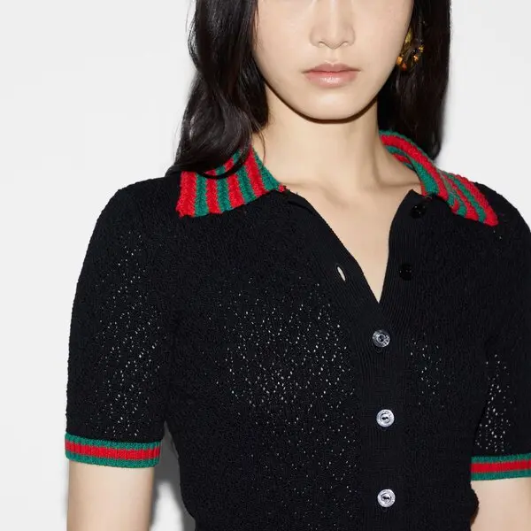 Gucci Cotton Lace Knit Polo With Web Detail
