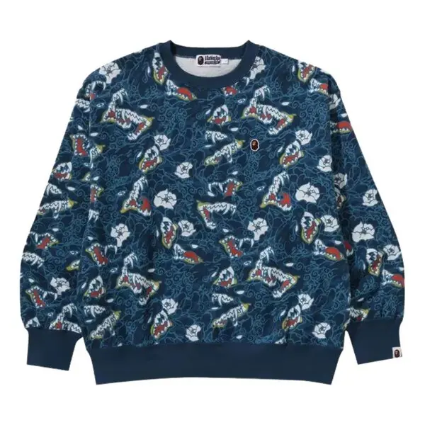 A BATHING APE Japanese Tattoo Camo Relaxed Fit Crewneck Sweatshirt - Blue