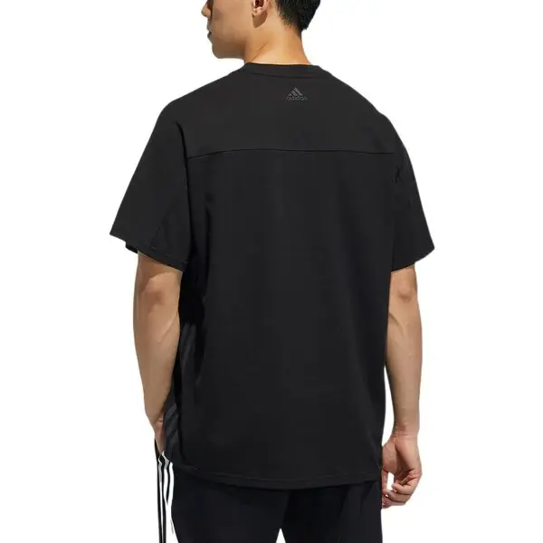 Adidas Brand Logo Solid Color Stripe Breathable Short Sleeve Black
