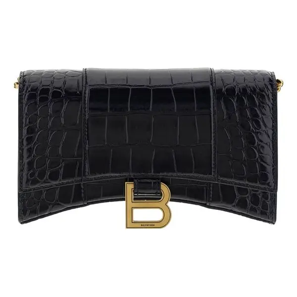 Balenciaga Hourglass Wallet On Chain Crocodile Embossed - Black