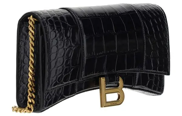 Balenciaga Hourglass Wallet On Chain Crocodile Embossed - Black