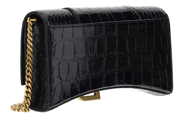 Balenciaga Hourglass Wallet On Chain Crocodile Embossed - Black