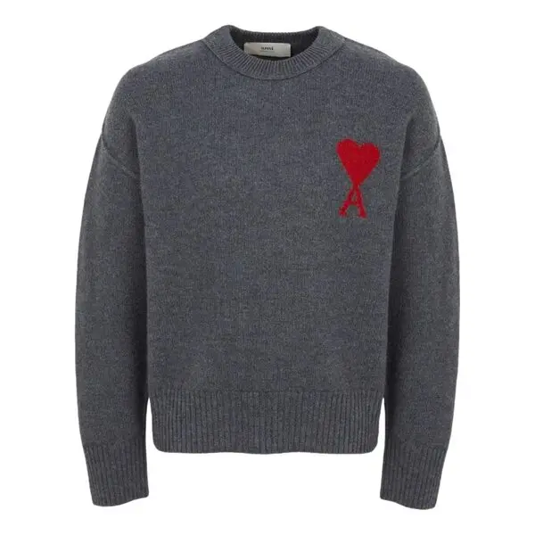 AMI Paris Grey Heart Logo Knitwear T-shirt - Gray/white