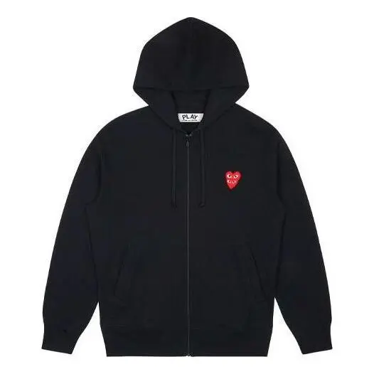 Play Comme Des Garcon Zip Up Hooded Sweatshirt With Red Heart Emblem - Black