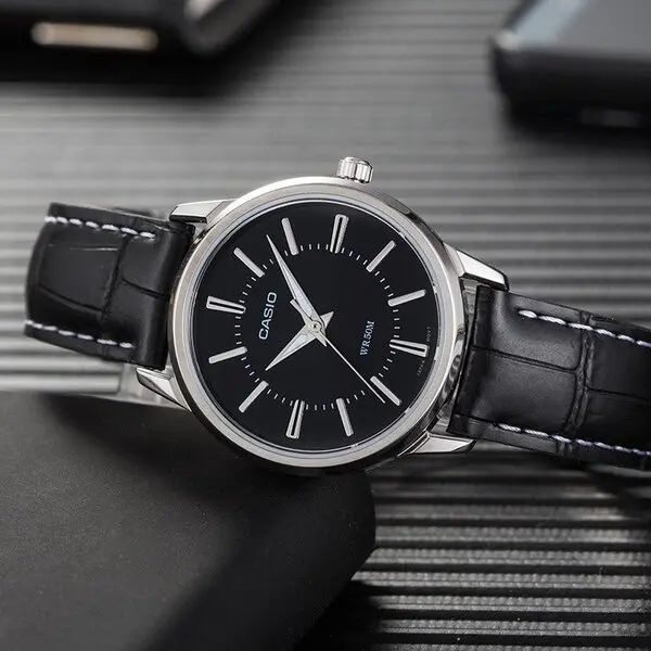 Casio Analog Quartz Watch With Leather Strap - Black