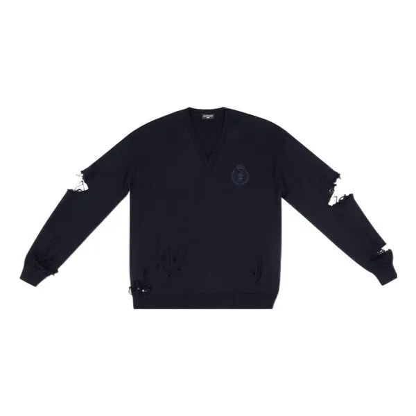 Balenciaga Destroyed V-neck Knit Sweater - Navy