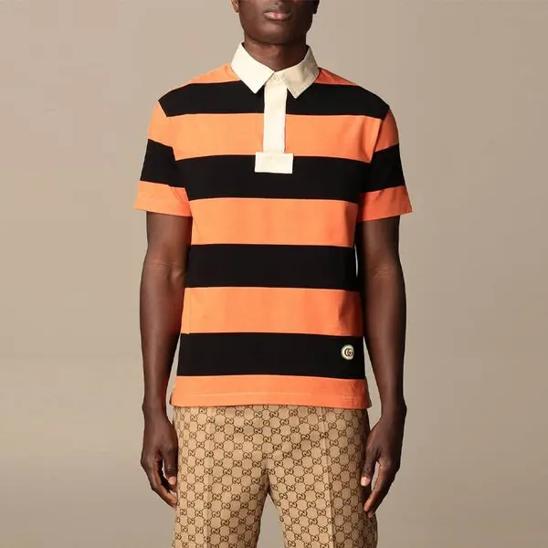 Gucci Ss21 Striped Cotton Polo With Patch 'orange Black