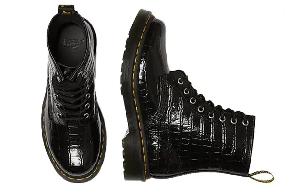 Dr. Martens 1460 Patent Leather Crocodile Print Lace Up Boots - Black