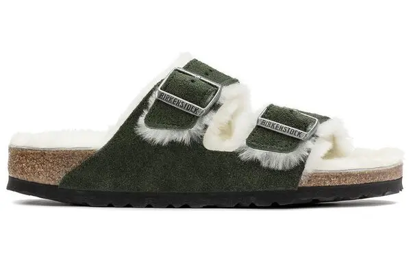 BIRKENSTOCK Arizona Suede Leather Shearling Lined Sandals - Green