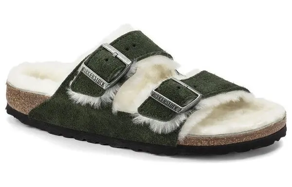 BIRKENSTOCK Arizona Suede Leather Shearling Lined Sandals - Green