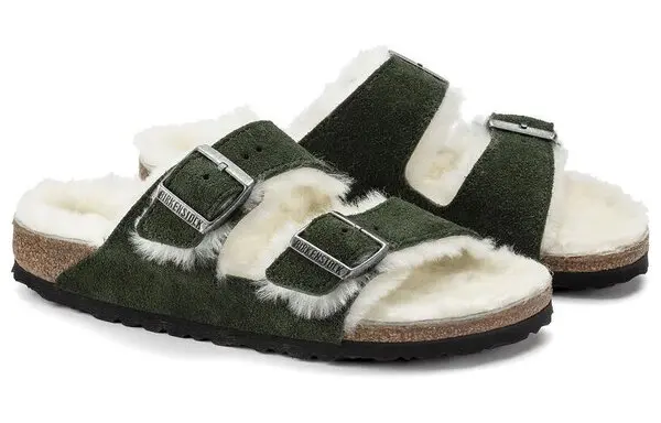 BIRKENSTOCK Arizona Suede Leather Shearling Lined Sandals - Green
