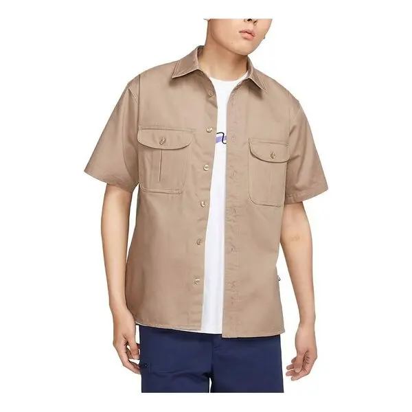 Nike Tanglin Short Sleeve Woven Button Skate Top - Khaki