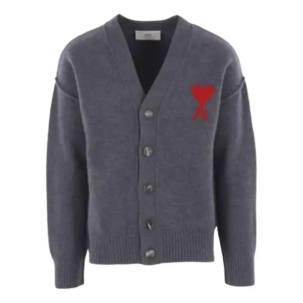 AMI Paris Big Heart Logo Felt Merino Wool Cardigan - Heather Grey