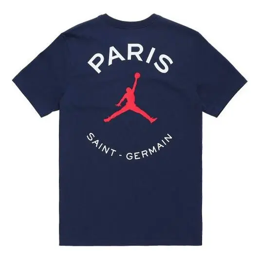 JORDAN Paris Saint-germain Team Logo Logo Printing Sports Round Neck Short Sleeve - Blue