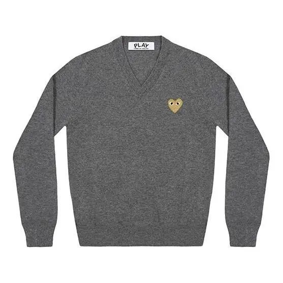 Play Comme Des Garcon V-neck Pullover With Gold Emblem - Grey
