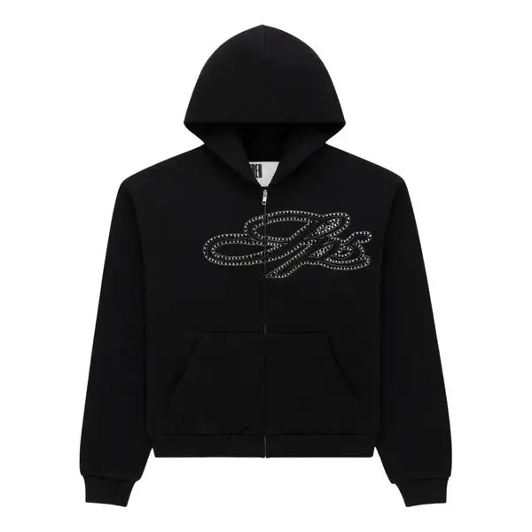 SP5DER Rhinestone Script Full Zip Hoodie - Black