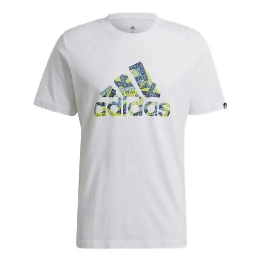 Adidas Rubber Strap Logo Printing Sports Round Neck Short Sleeve White - Multi-color
