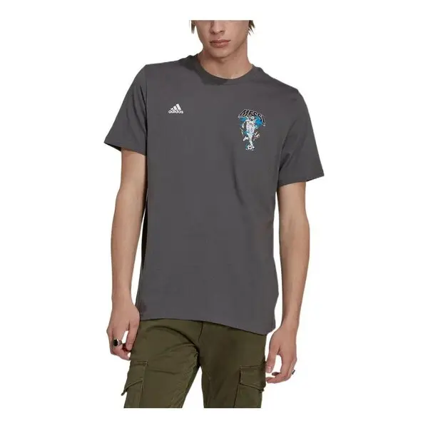 Adidas Soccer/football Printing Brand Logo Solid Color Round Neck Short Sleeve Dark Grey T-shirt - Multi-color