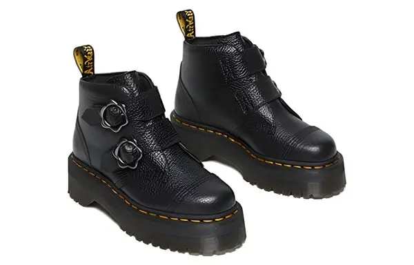 Dr. Martens Devon Flower Buckle Leather Platform Boots - Black