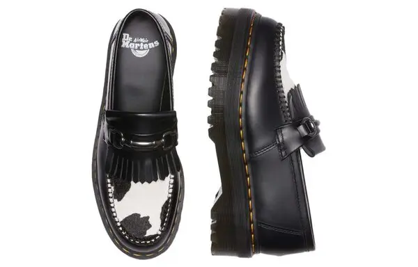 Dr. Martens Adrian Snaffle Hair On & Leather Cow Print Kiltie Loafers - Black