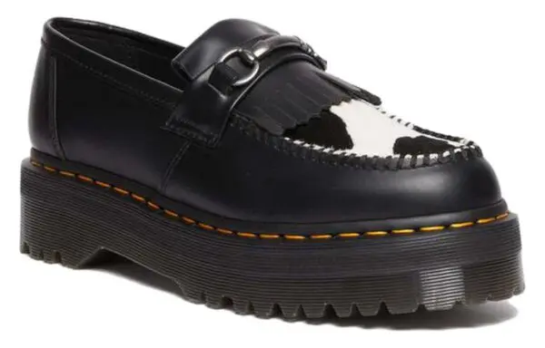 Dr. Martens Adrian Snaffle Hair On & Leather Cow Print Kiltie Loafers - Black