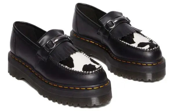 Dr. Martens Adrian Snaffle Hair On & Leather Cow Print Kiltie Loafers - Black