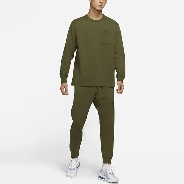 Nike Solid Color Long Sleeves Round Neck Pullover Pocket Long Sleeves Green T-shirt