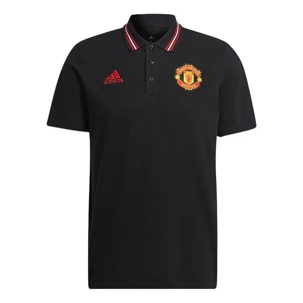 Adidas Manchester United Logo Embroidered Stripe Collar Short Sleeve Black Polo Shirt - Multi-color