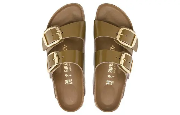 BIRKENSTOCK Arizona Big Buckle Natural Leather Patent Sandals - Olive Green