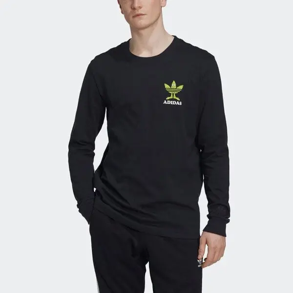 Adidas Alphabet Logo Printing Round Neck Pullover Long Sleeves Black T-shirt