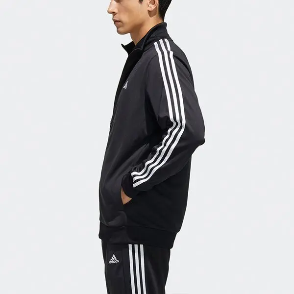 Adidas Track Jacket With Stand Collar And Signature Stripes - Black